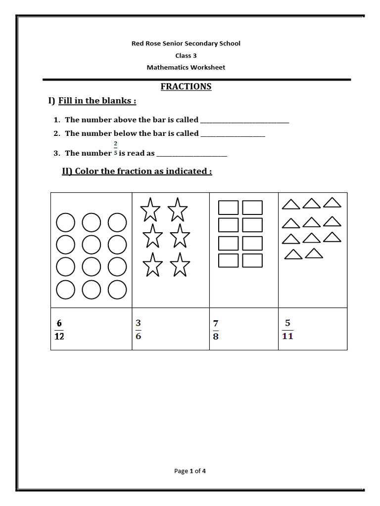 Class 3 Fractions Worksheet | PDF