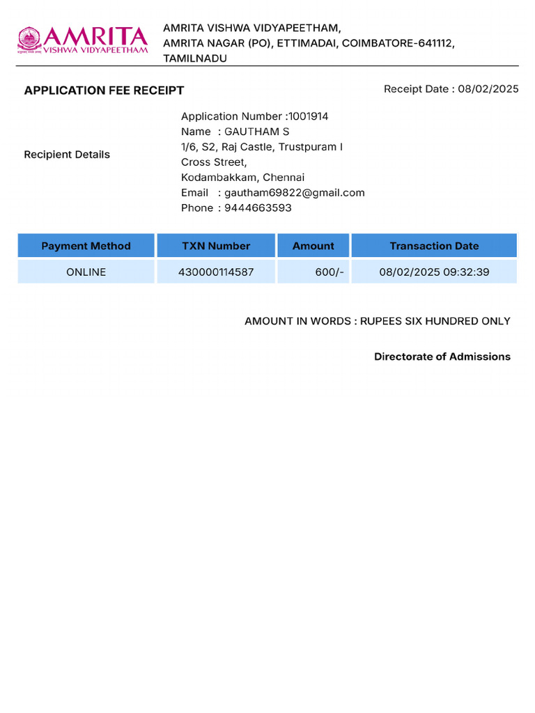 Fee Receipt 430000114587 | PDF