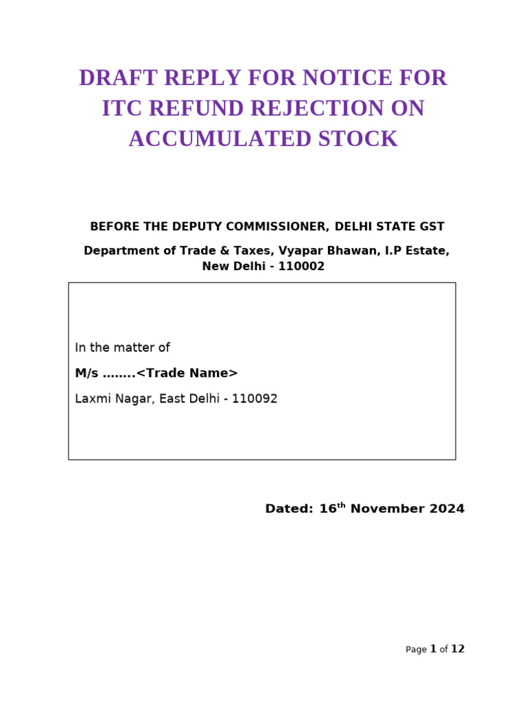 ITC Refund Rejection Response Draft | PDF | Taxes | Payments