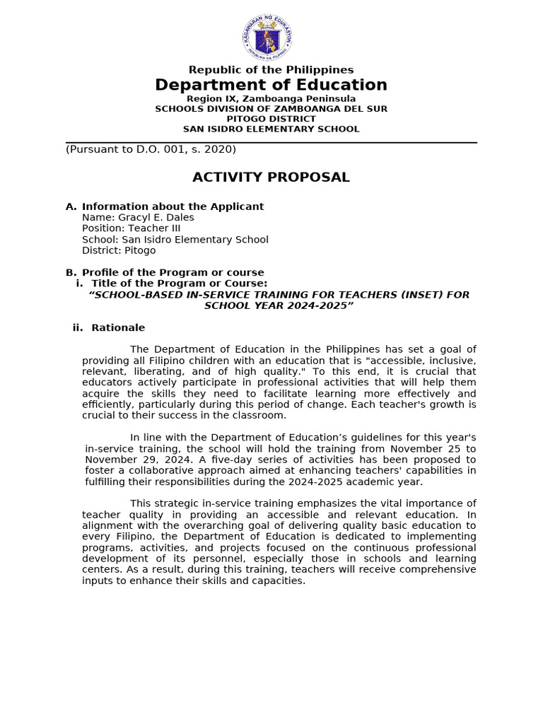 San Isdiro ES-Activity Proposal - School-Based INSET 2024-2025 | PDF ...