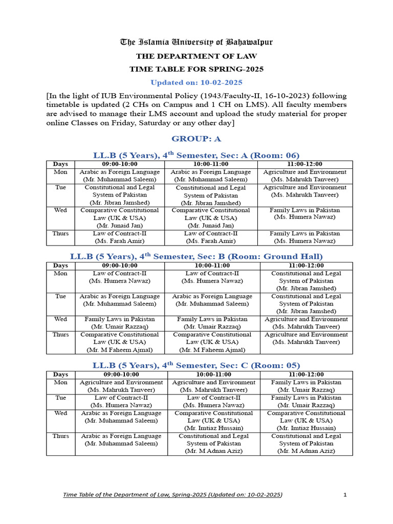 Revised Time Table For Spring-2025 | PDF | Pakistan | Justice