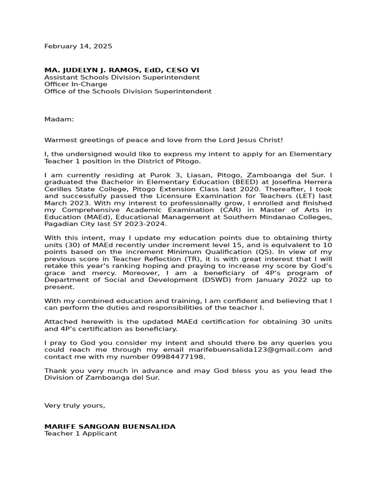 Letter of Intent of Buensalida 2025 | PDF