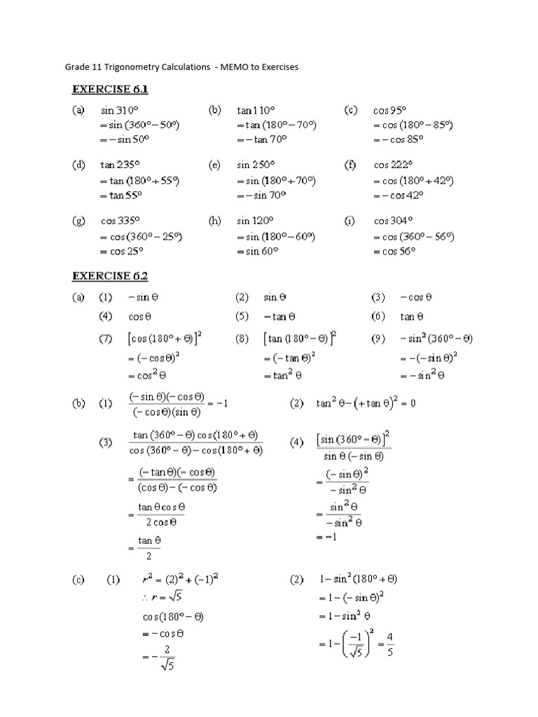 Grade 11 Trigonometry Calculations MEMO To Exercises | PDF