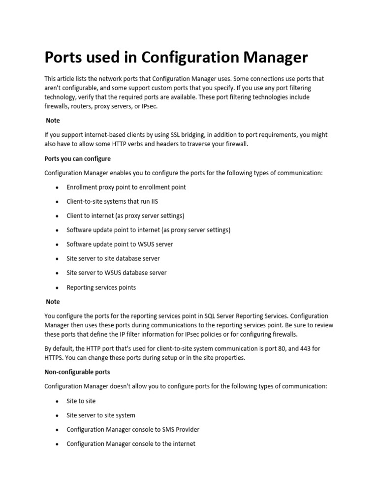 38. Ports used in Configuration Manager | PDF | Port (Computer Networking) | Proxy Server