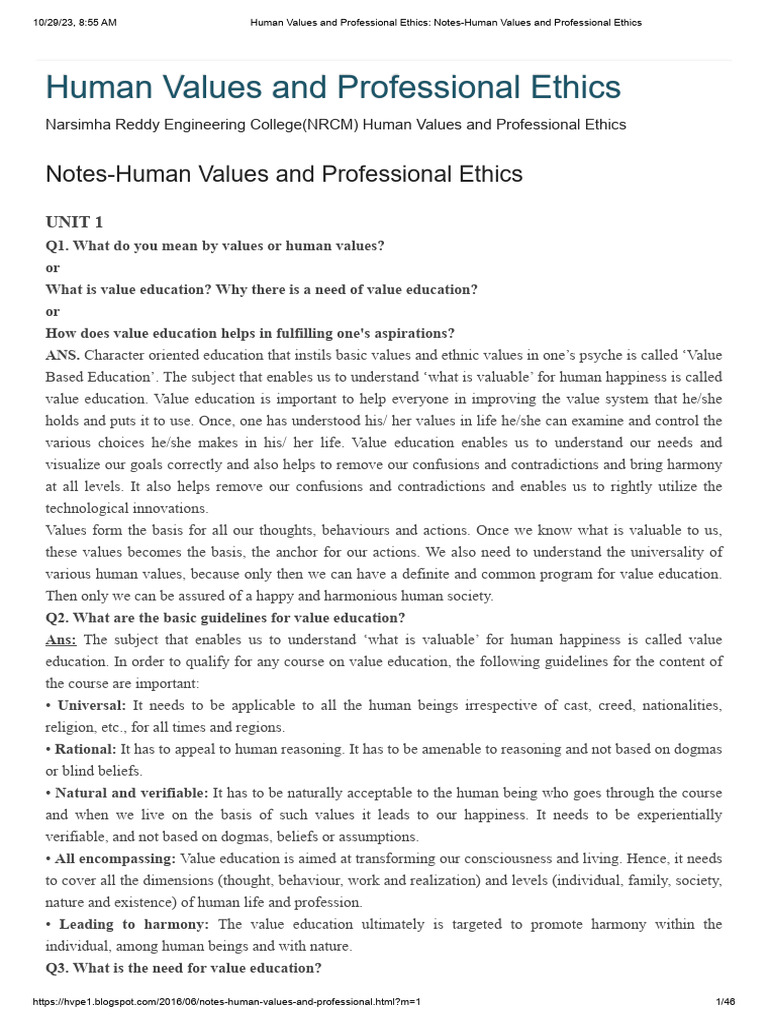 Human Values and Professional Ethics - Notes-Human Values and ...