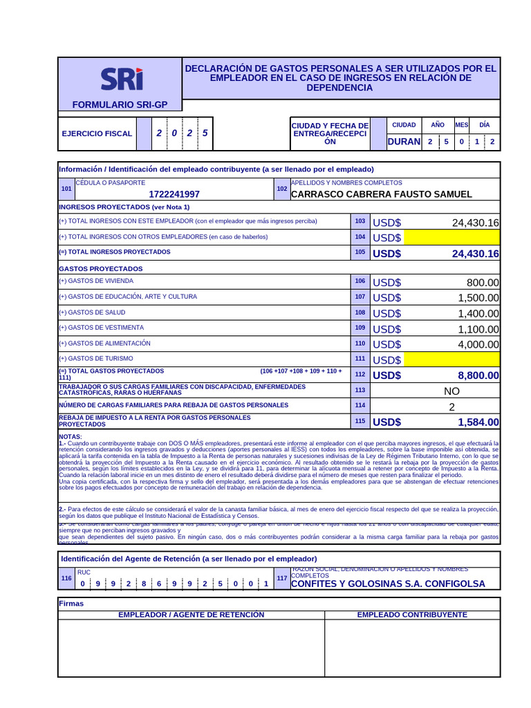 Formulario Sri - GP Continente 2025 | PDF | Impuesto sobre la renta | Impuestos