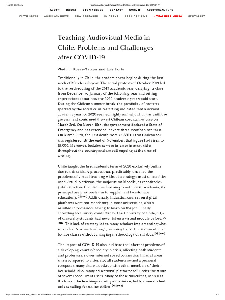 Teaching Audiovisual Media in Chile - Problems and Challenges After ...