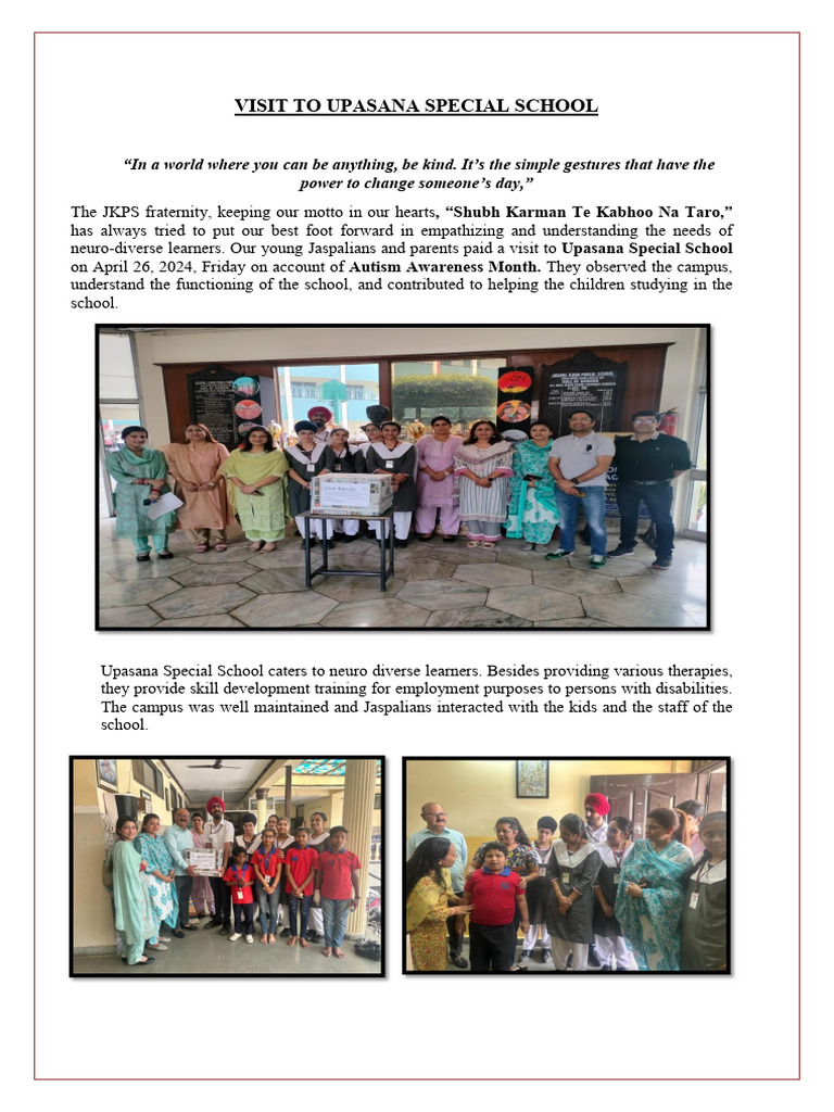 Visit to Upasana Special School Report | PDF | Empathy | Learning