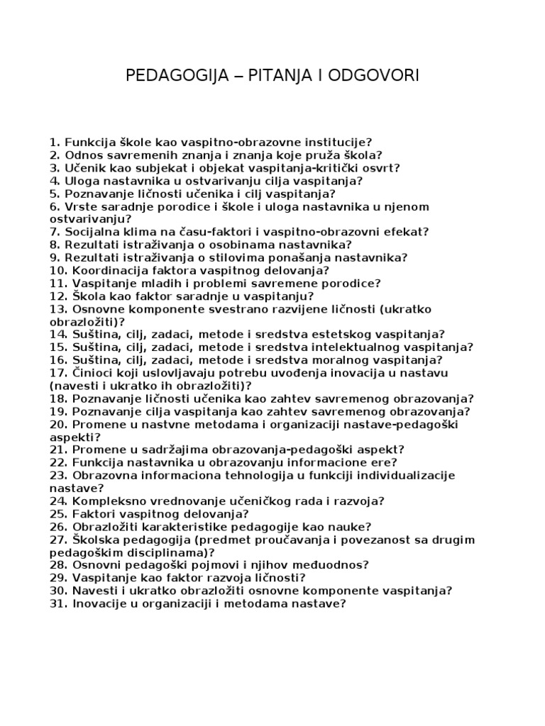 Pedagogija - Pitanja I Odgovori | PDF