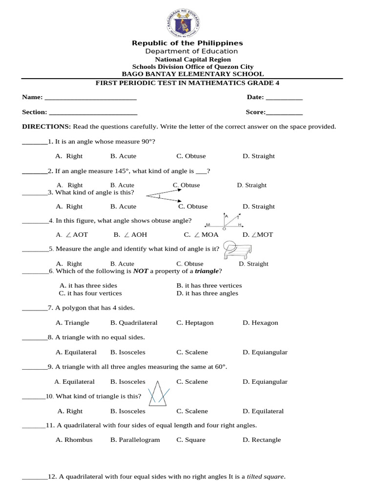 Grade 4 Math First Periodic Test 2025 | PDF | Triangle | Rectangle