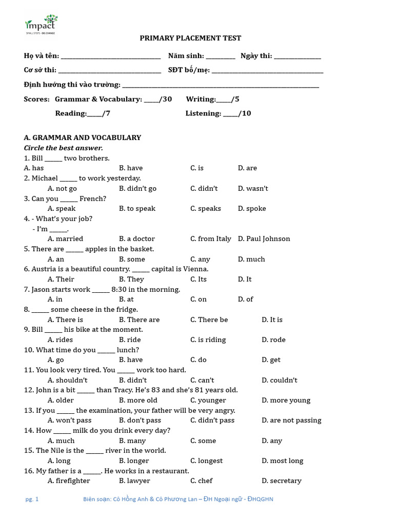 Primary English Placement Test | PDF