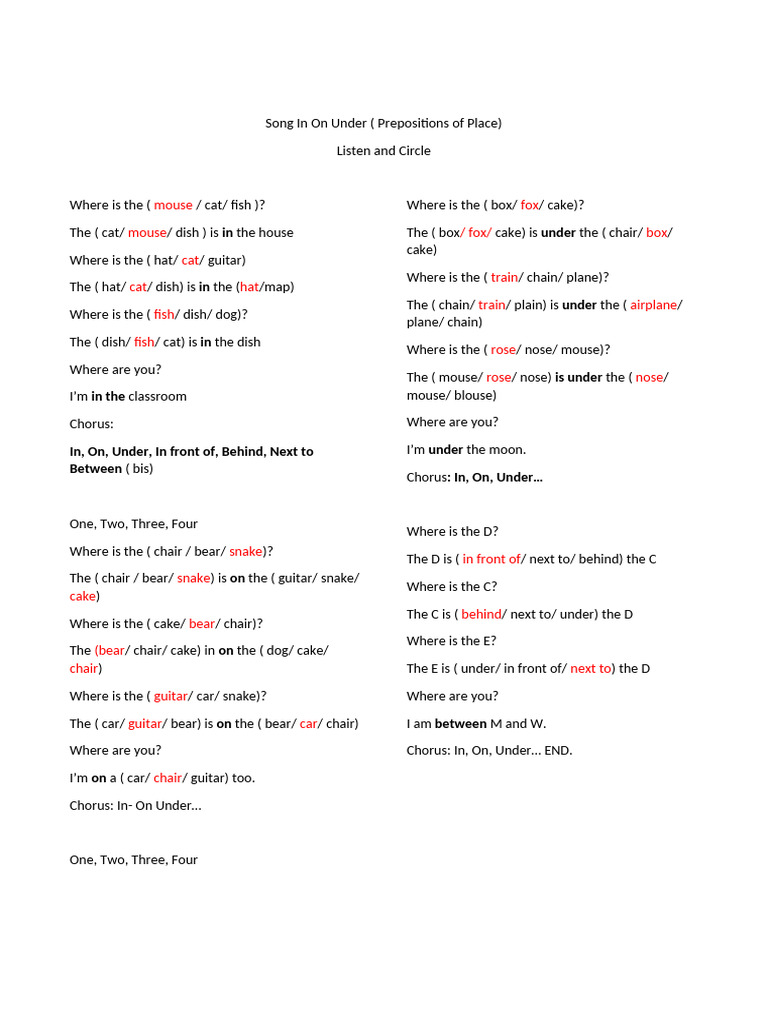 Prepositions of Place Song Activity | PDF | Animals And Humans