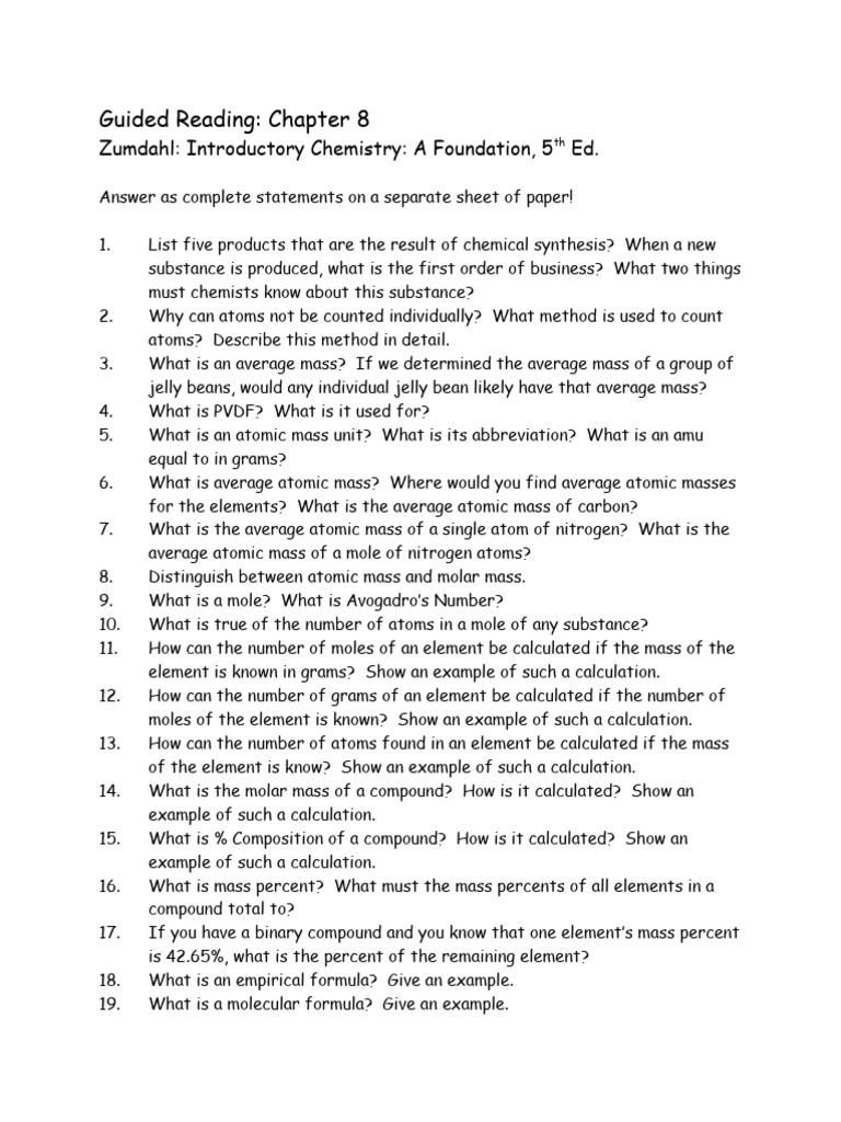 Chapter 8 Guided Reading | PDF | Mole (Unit) | Chemistry