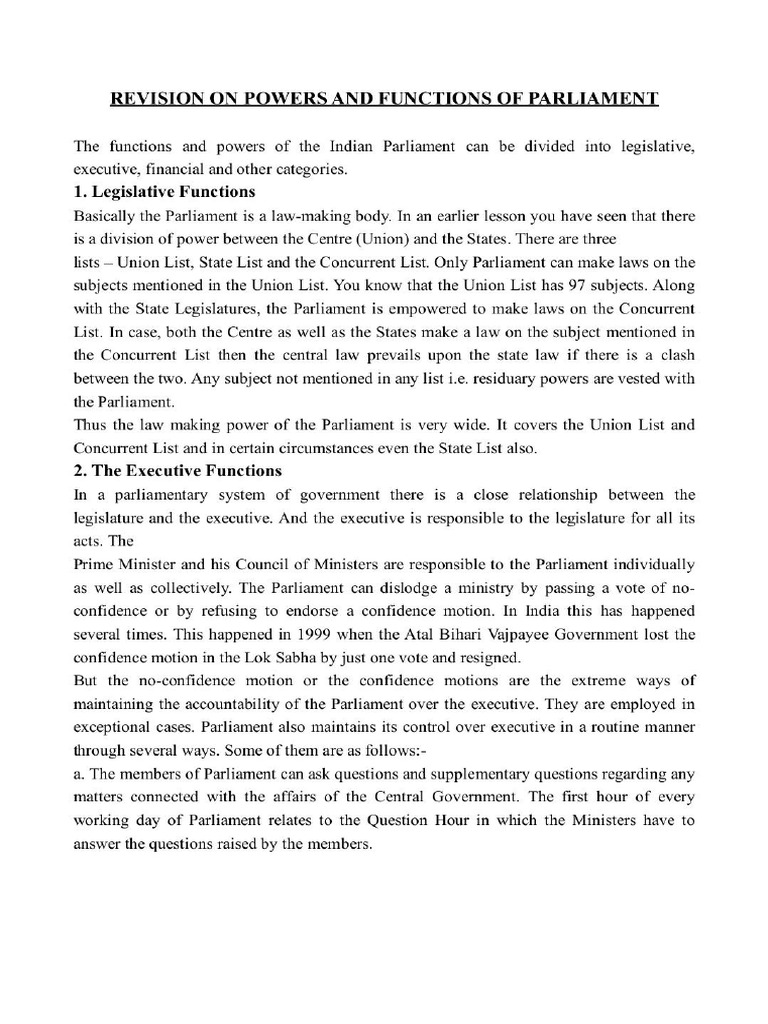 Power and Function of Parliamentary | PDF