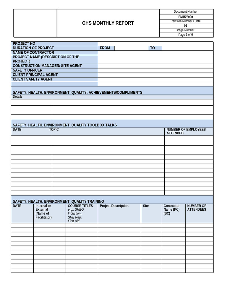 OHS Monthly Report Template | PDF | Audit | Safety