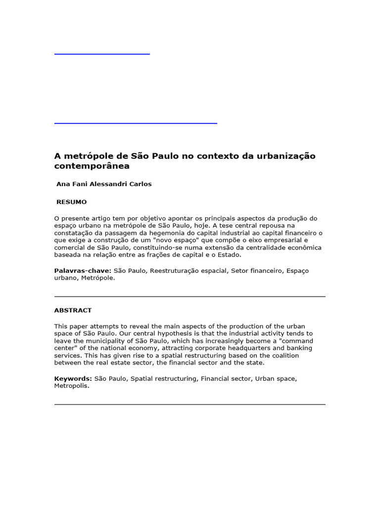 A Metrópole de São Paulo No Contexto Da Urbanização Contemporânea | PDF ...