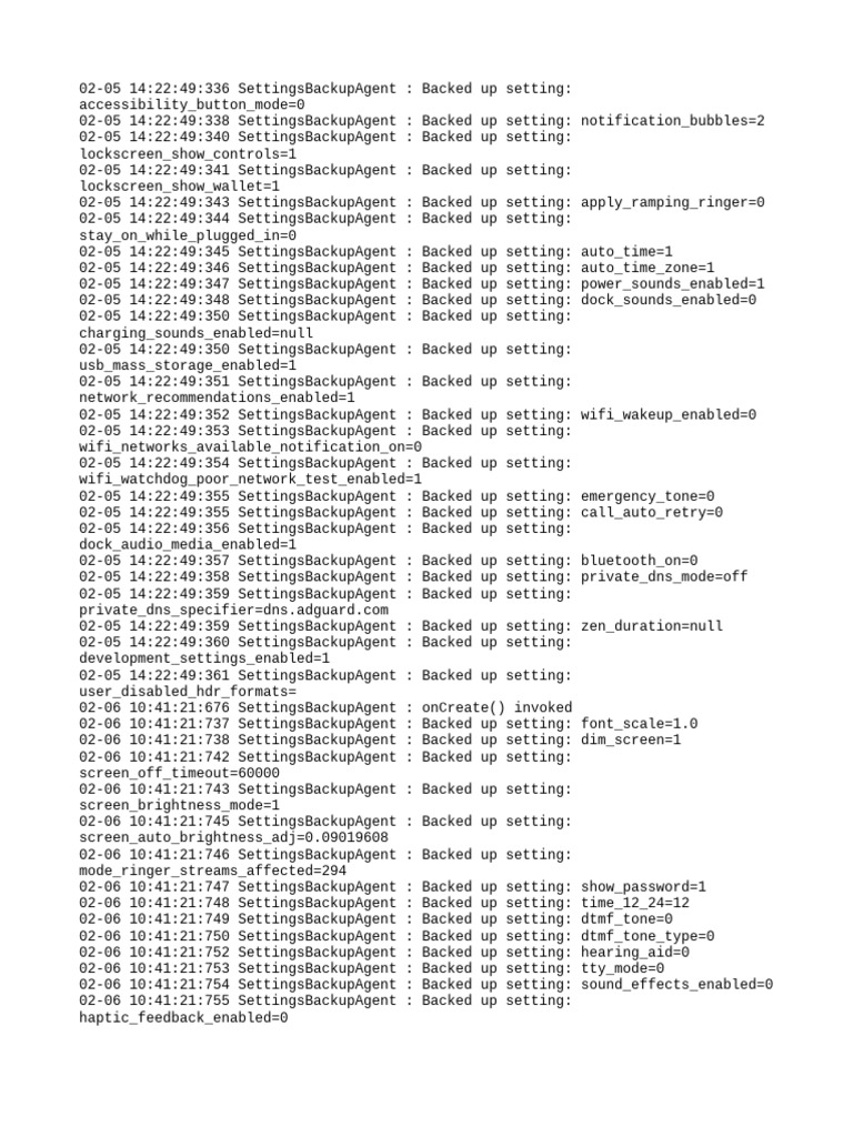 Android Settings Backup Log | PDF