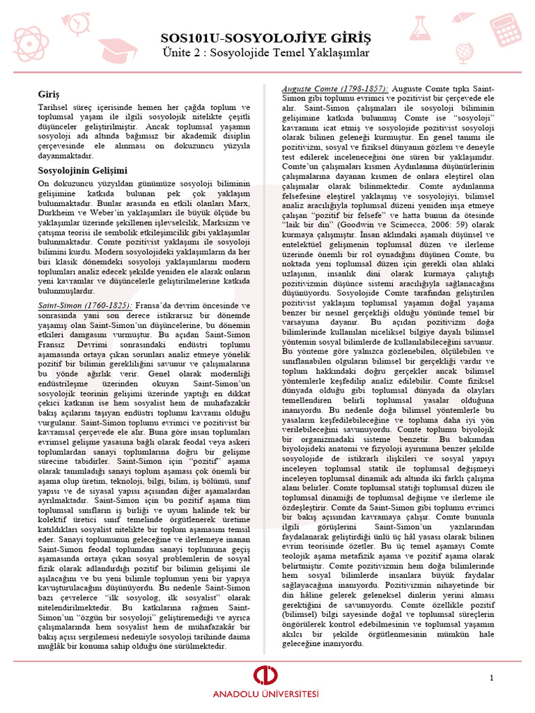 Sos101U-Sosyoloj YEG R: Ünite 2: Sosyolojide Temel Yakla Imlar | PDF