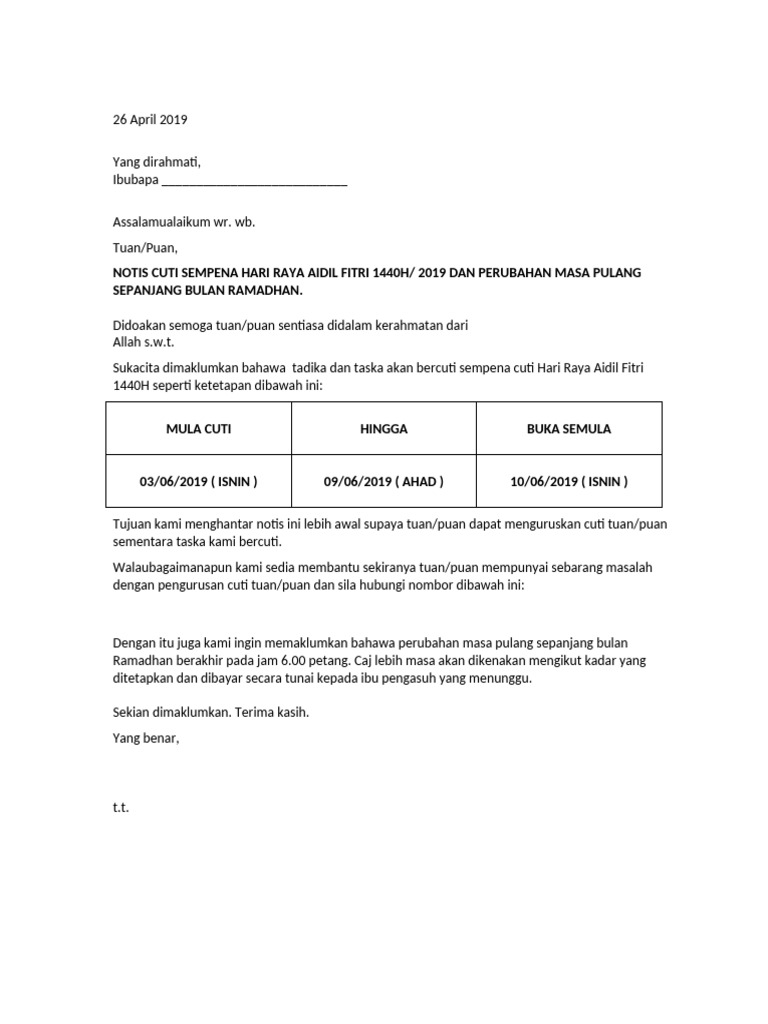Contoh Surat Cuti Raya 2019 | PDF