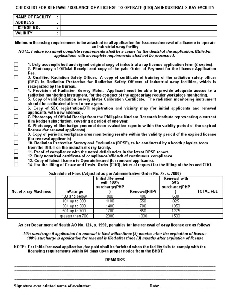Industrial X-Ray License Renewal Checklist | PDF | Radiation Protection ...