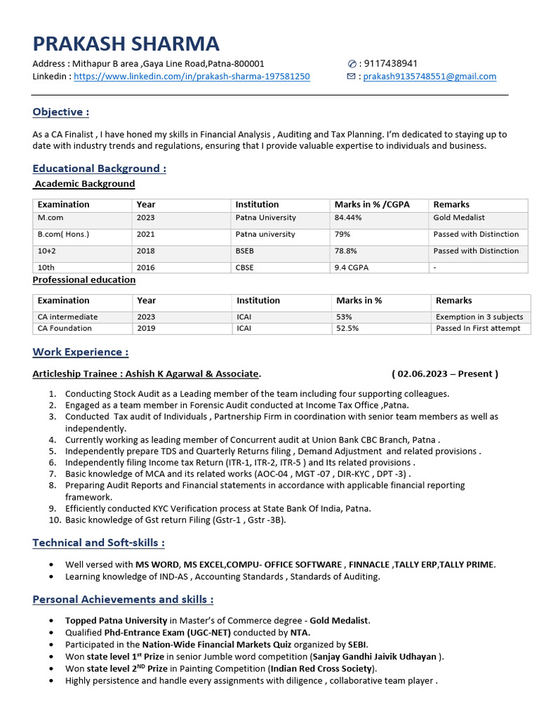 PRAKASH SHARMA -Resume ( Industrial Training ). (1) | PDF | Audit | Business