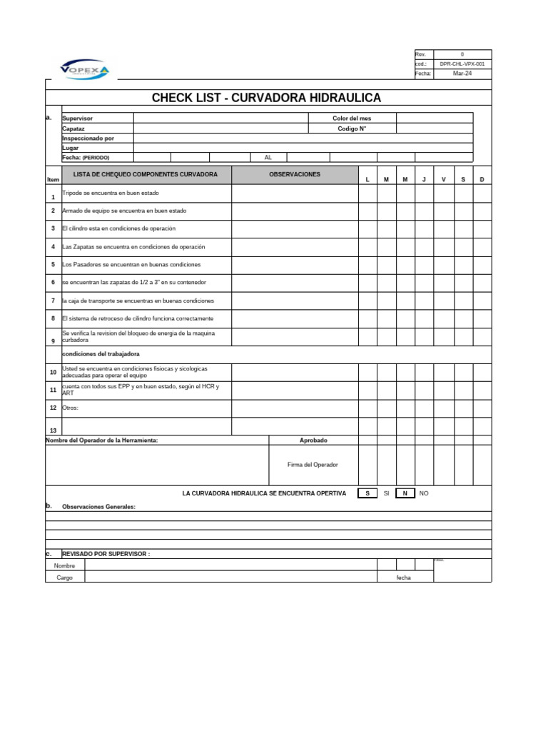 DPR-CHL-VPX-001 CHECK LIST - CURVADORA HIDRAULICA | PDF