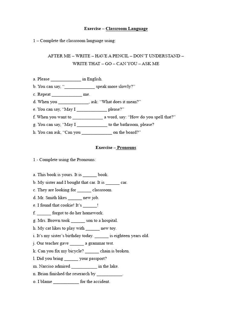 Classroom Language and Pronouns Exercises | PDF