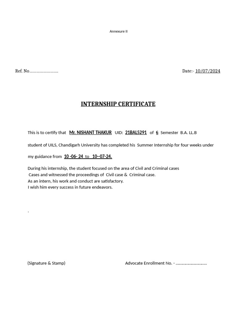 Legal Internship Certificate Format | PDF