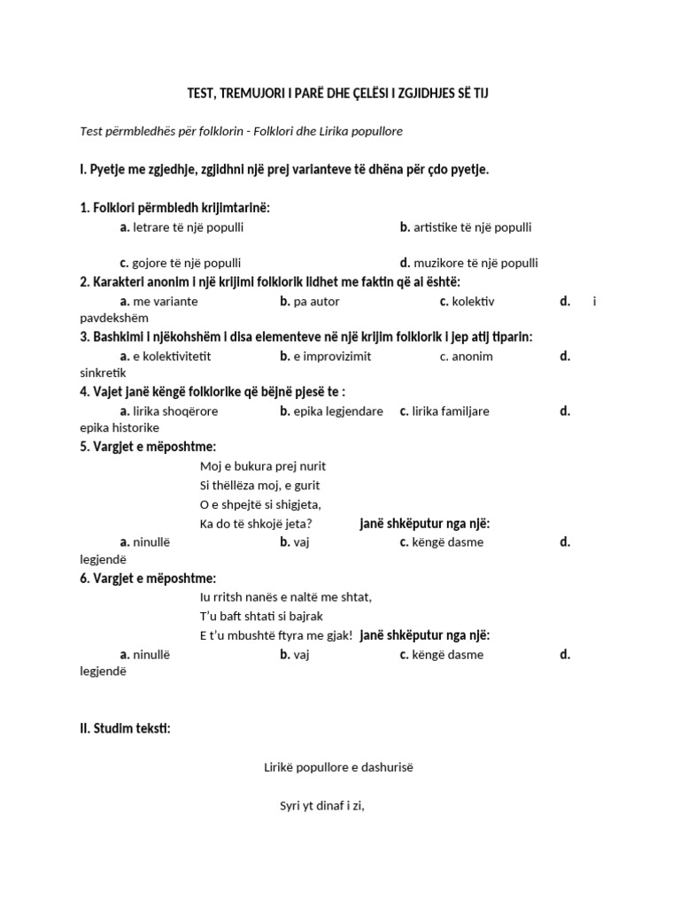 Test Tremujori I Parë Dhe Çelësi I Zgjidhjes Së Tij Udhëzues Metodik ...