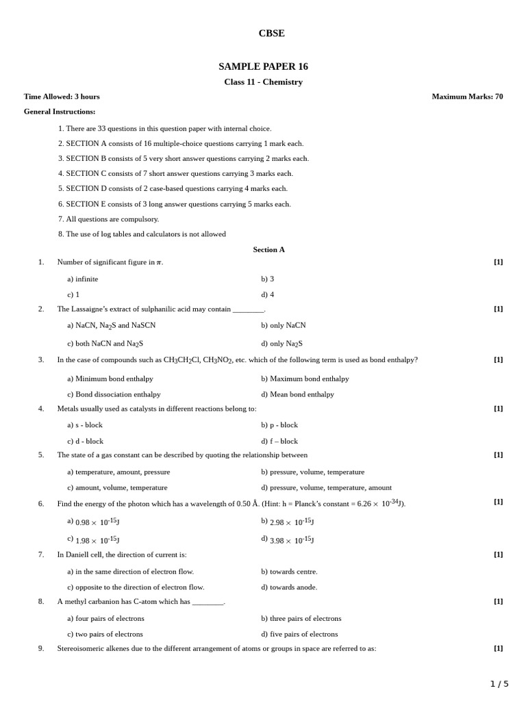 CBSE Class 11 Chemistry Sample Paper | PDF | Chemistry | Physical Chemistry