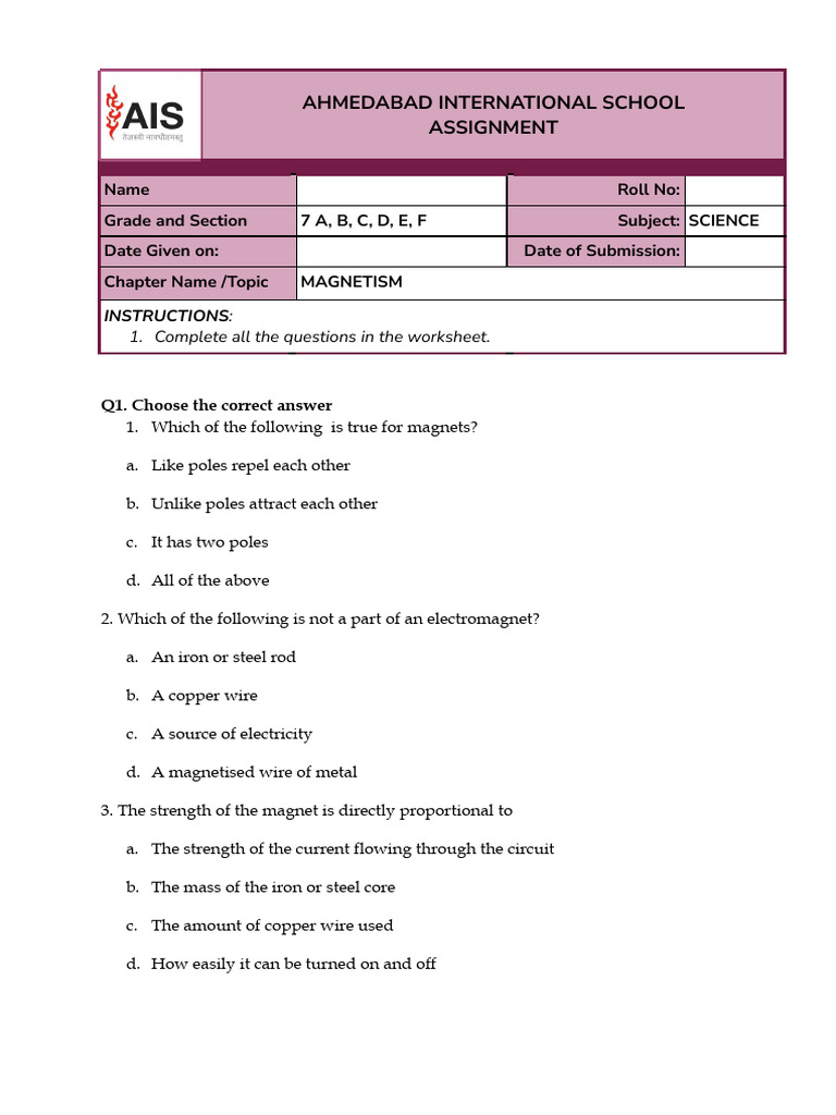 Ais-2023-24-Gr-7-Scich-1-Wkt-10 2 | PDF | Magnet | Magnetic Field