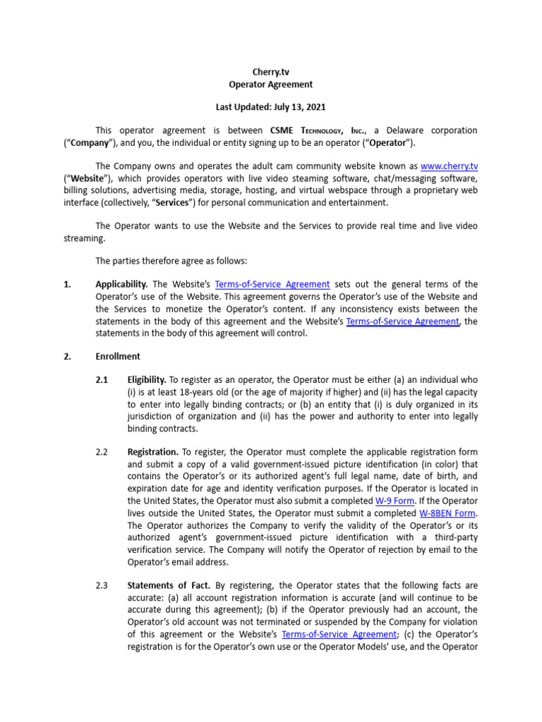 Operator Agreement v1 | PDF | License | Employment