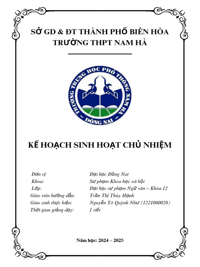 S GD & ĐT Thành PH Biên Hòa TR NG THPT Nam Hà: K HO CH Sinh Ho TCH NHI M | PDF