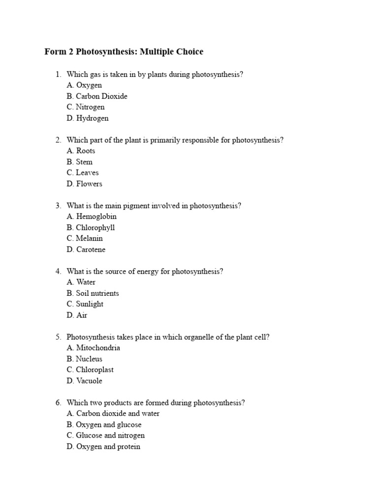 Form 2 Photosynthesis - Multiple Choice | PDF