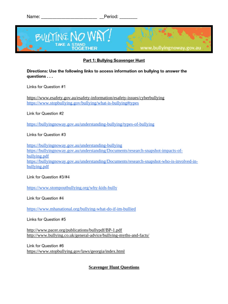BRADY DAVIS - Bullying Scavenger Hunt (Word) | PDF