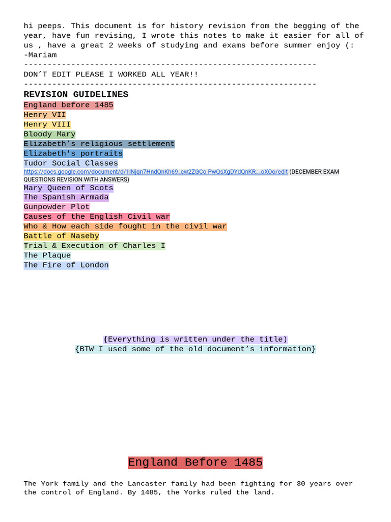 History Revision Notes: Tudor England | PDF | Kingdom Of England ...