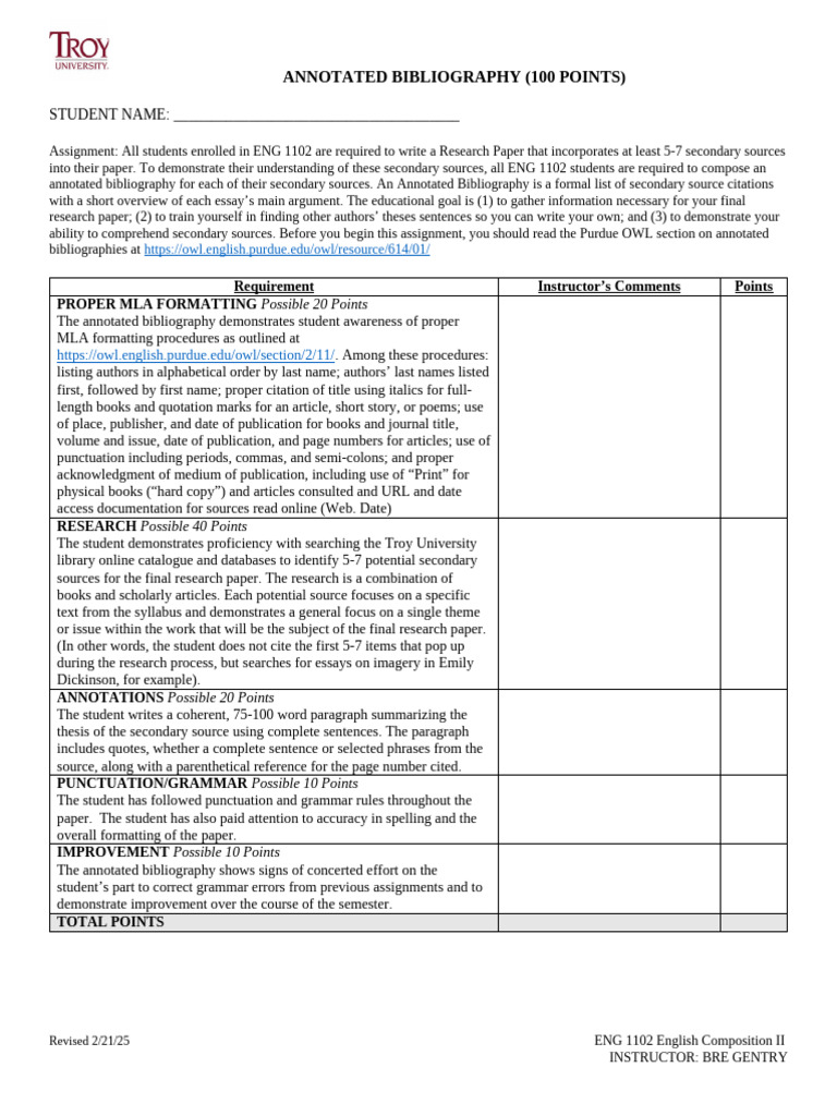 ENG 1102 Annotated Bibliography Grading Sheet | PDF | Citation | Bibliography