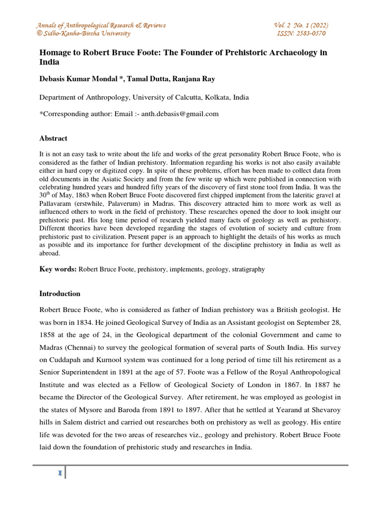 Homage To Robert Bruce Foote: The Founder of Prehistoric Archaeology in ...