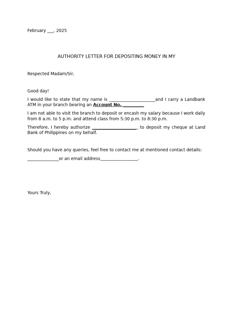 Authorization Letter for Bank Deposit | PDF
