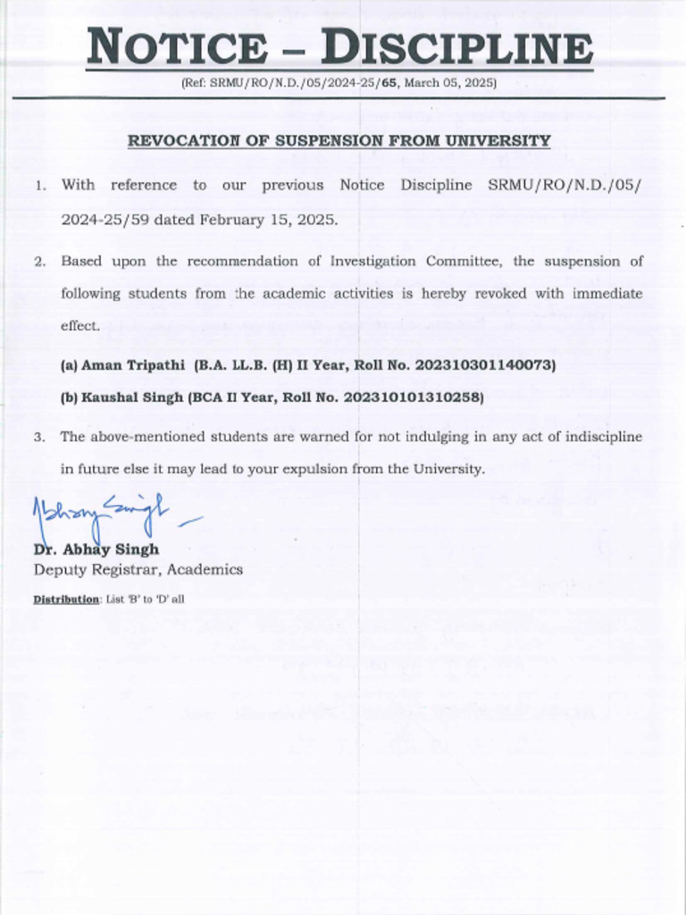 Revocation of Suspension From University - 05-03-2025 - 65 | PDF