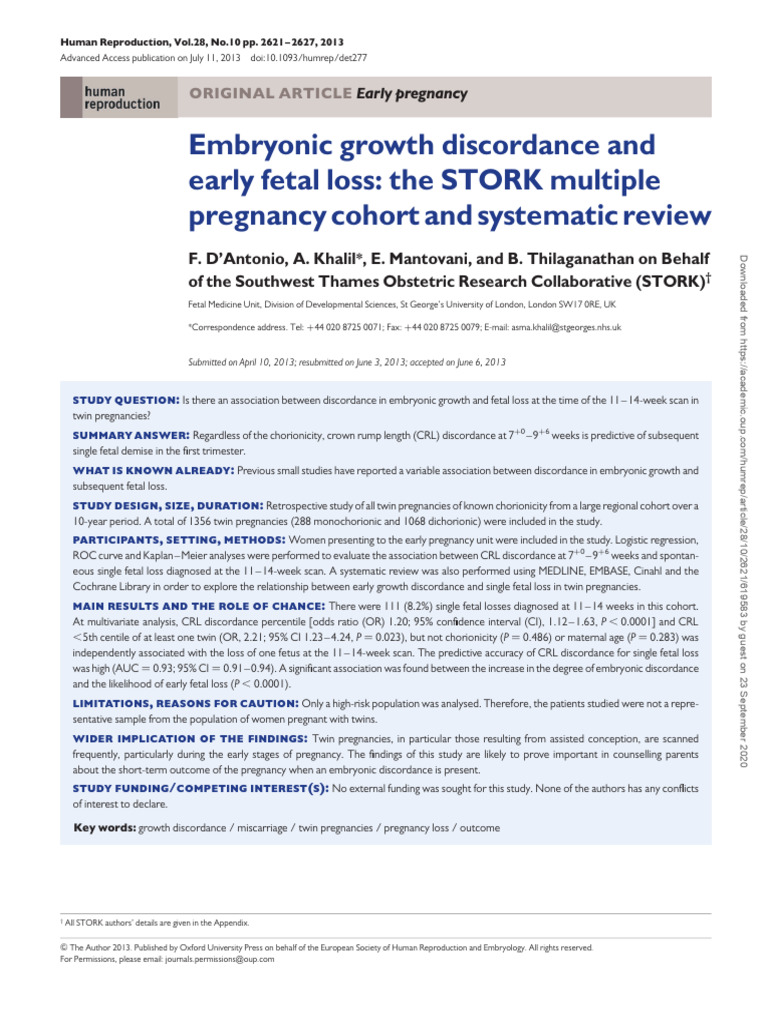 Embryonic Growth Discordance and Early Fetal Loss - The STORK Multiple ...