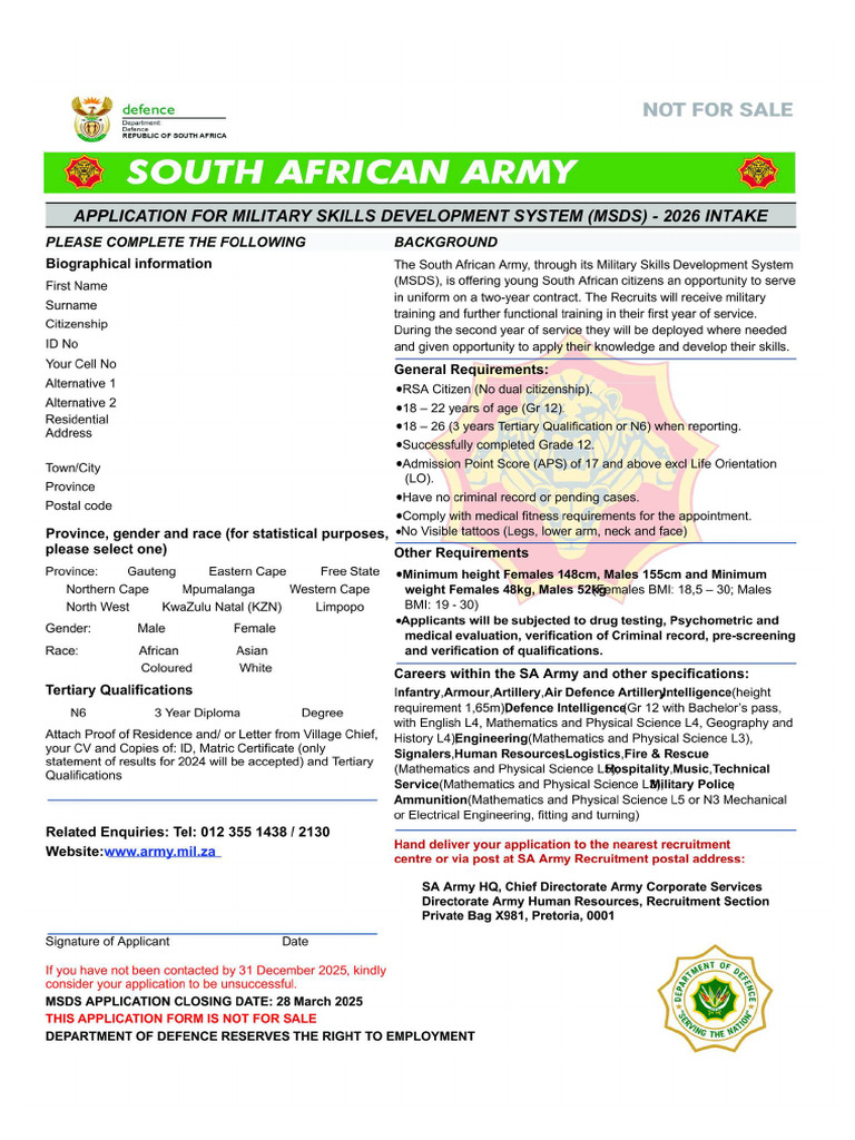SA Army MSDS APPLICATION FORM 2026 | PDF