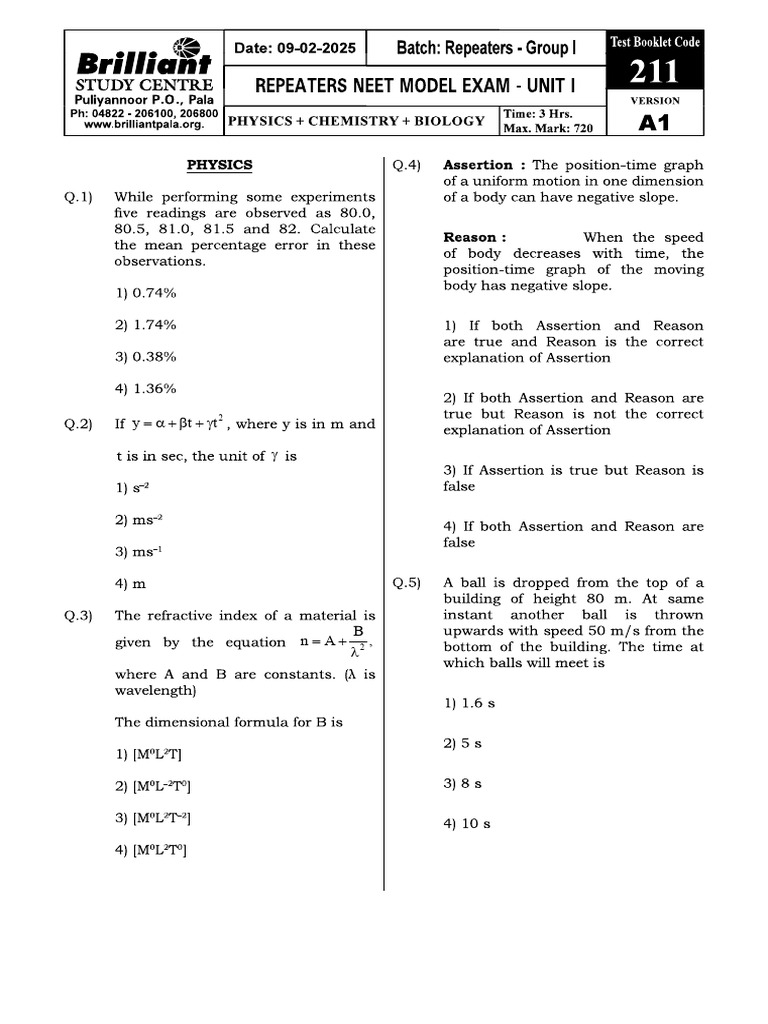 NEET Model Exam Unit I (09-02-2025) | PDF | Physical Quantities | Quantity