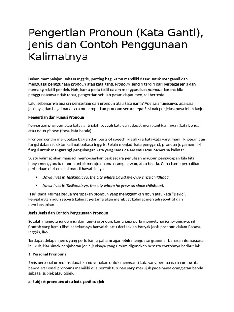 Fungsi dan Jenis Pronoun dalam Bahasa Inggris | PDF