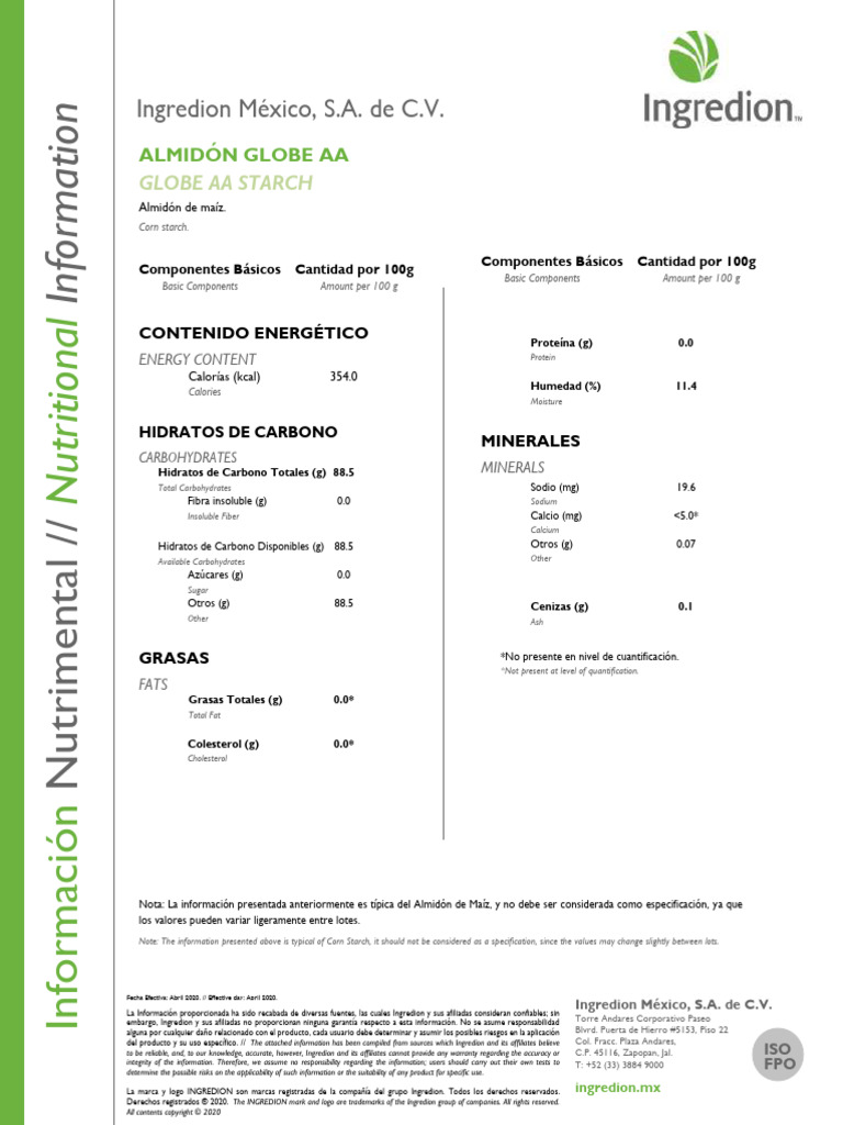 Almidón Globe AA: Información Nutrimental | PDF | Química | Nutrición