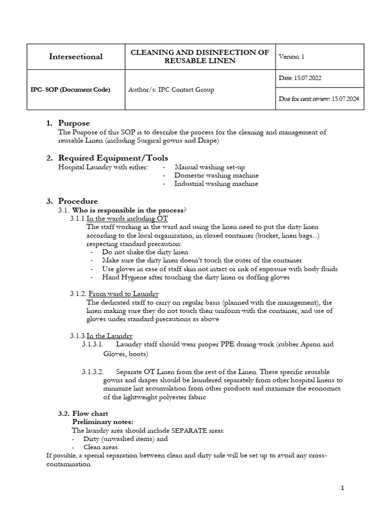 Linen Disinfection SOP for Hospitals | PDF | Laundry | Washing Machine