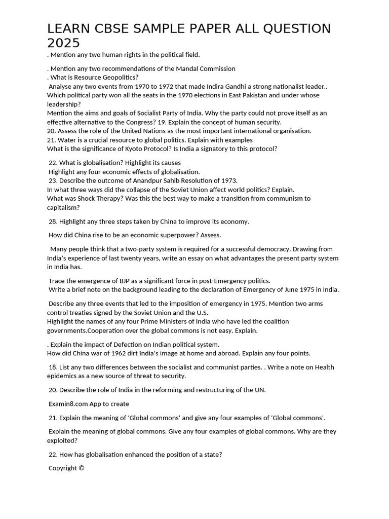 CBSE Sample Paper 2025: Key Political Questions | PDF | Globalization ...