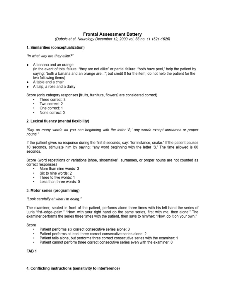 Frontal Assessment Battery.docx | PDF | Cognition | Neuroscience