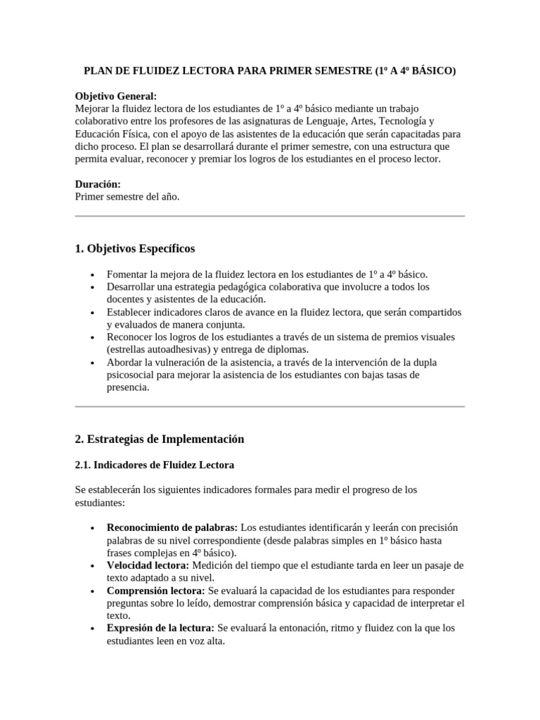 Plan de Fluidez Lectora para Primer Semestre | PDF | Comprensión ...