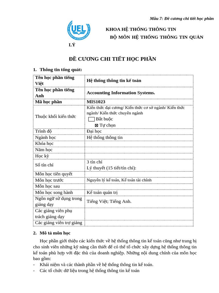 De cuong chi tiet hoc phan - HTTTKT - 3 Tín chỉ | PDF